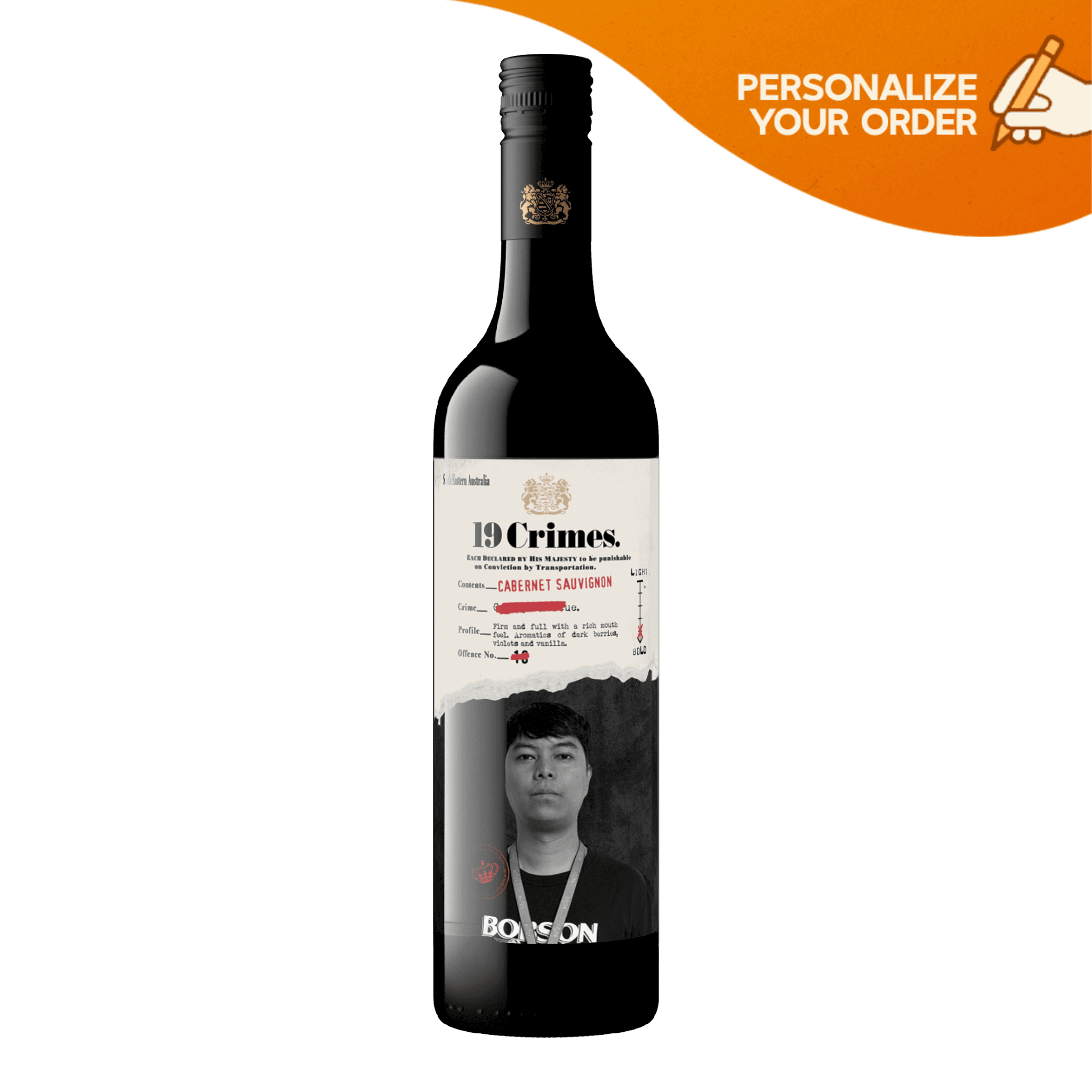 19 Crimes Cabernet Sauvignon Red Wine Personalized Bottle